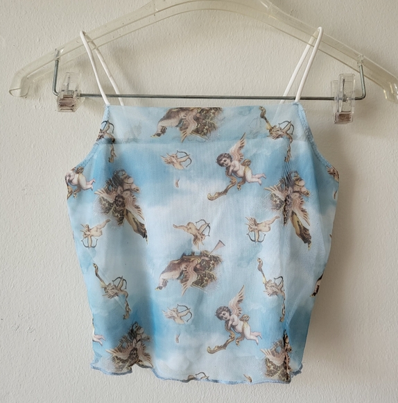 Tops | Baby Blue Cupid Cherub Print Mesh Crop Top | Poshmark